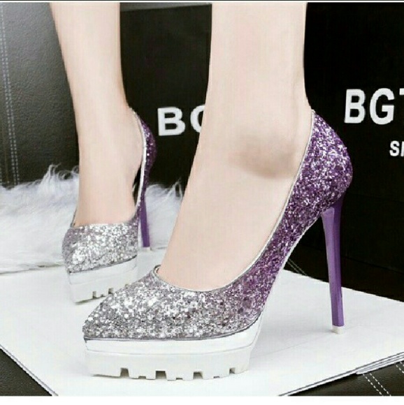 Shoes | Purple Silver Glitter Heels | Poshmark